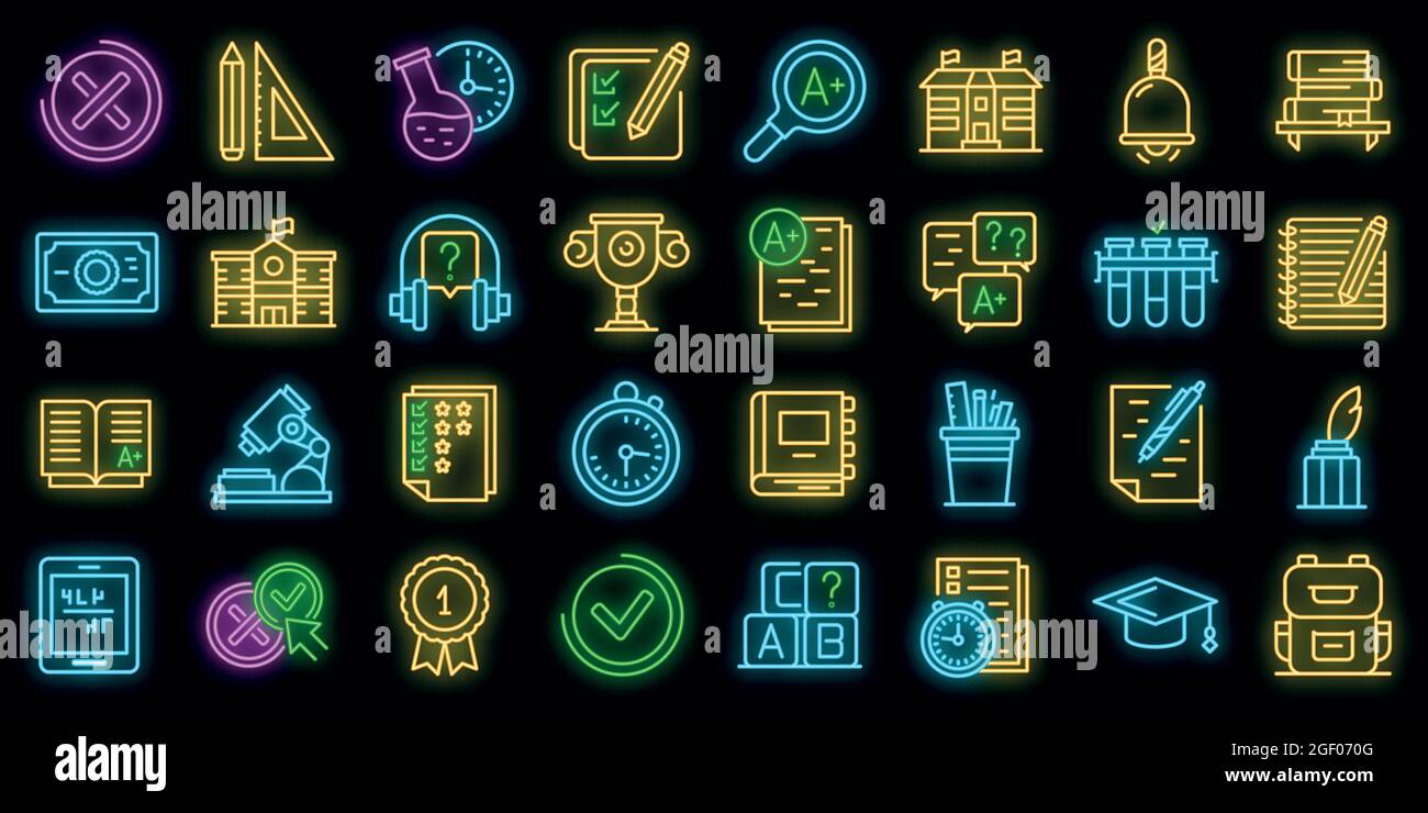School test icons set. Outline set of school test vector icons neon ...