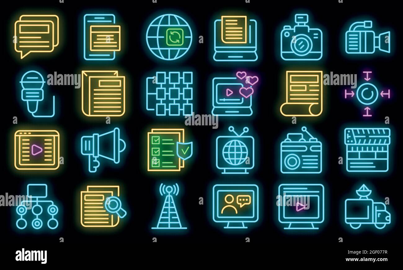 Actualization icons set. Outline set of actualization vector icons neon ...