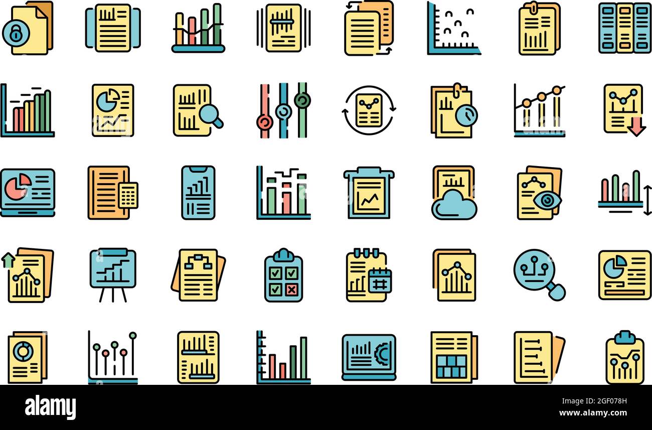 Business report icons set. Outline set of business report vector icons thin line color flat on ...