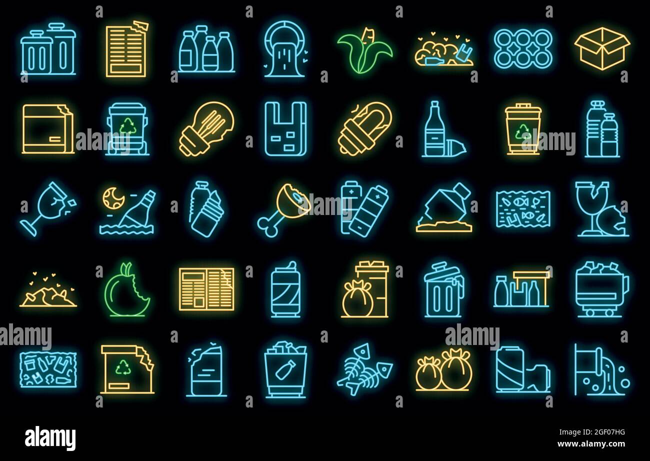 Waste icons set. Outline set of waste vector icons neon color on black ...