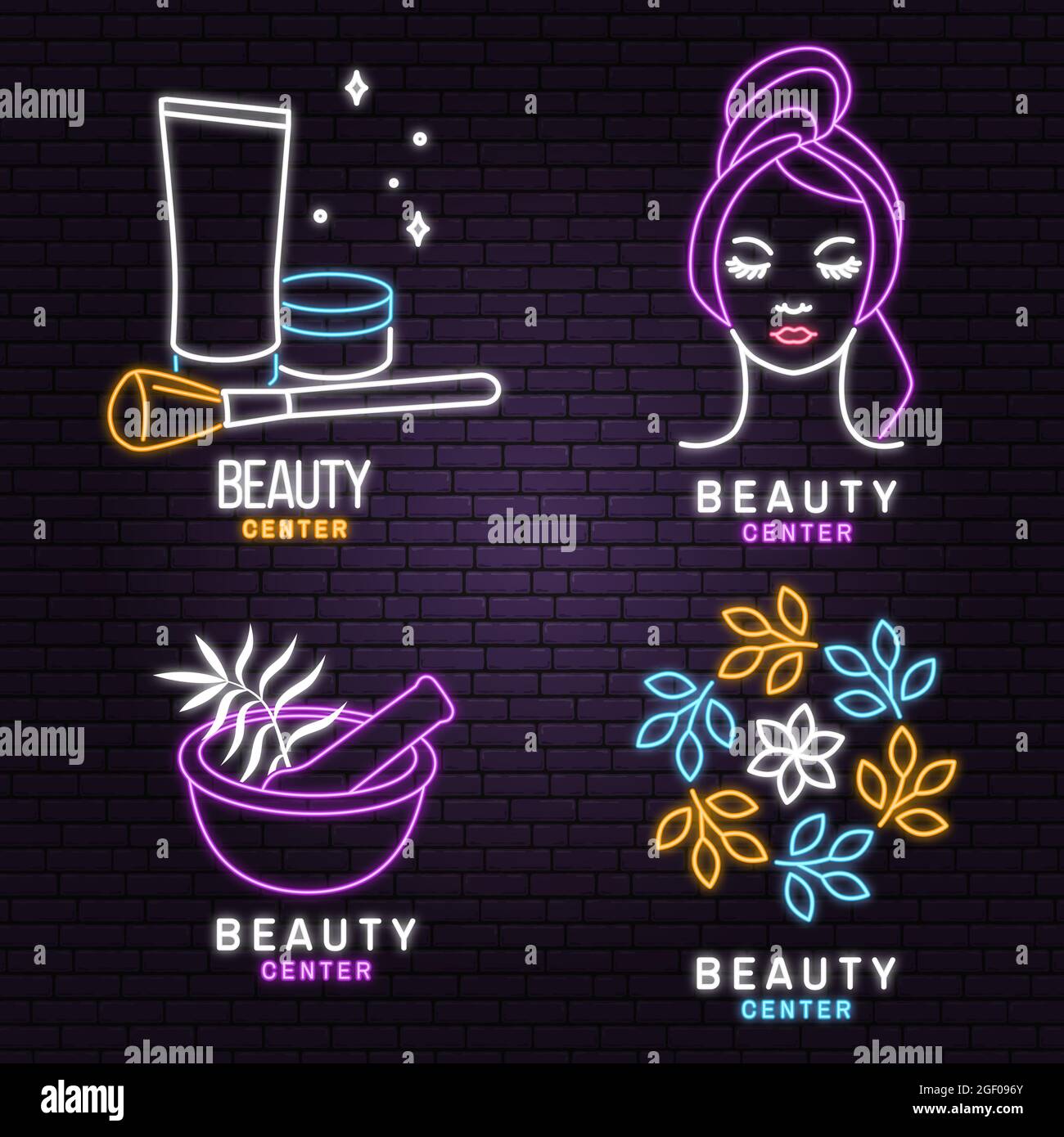 Neon sign. Set of Beauty center emblem with woman face, ceramic candle ...