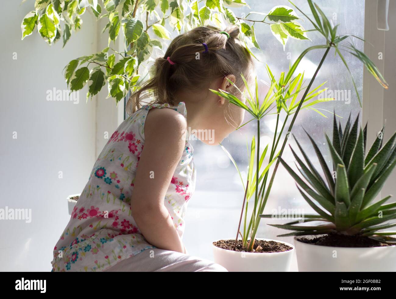 Sad caucasian child of three years old sitting on window sill and ...