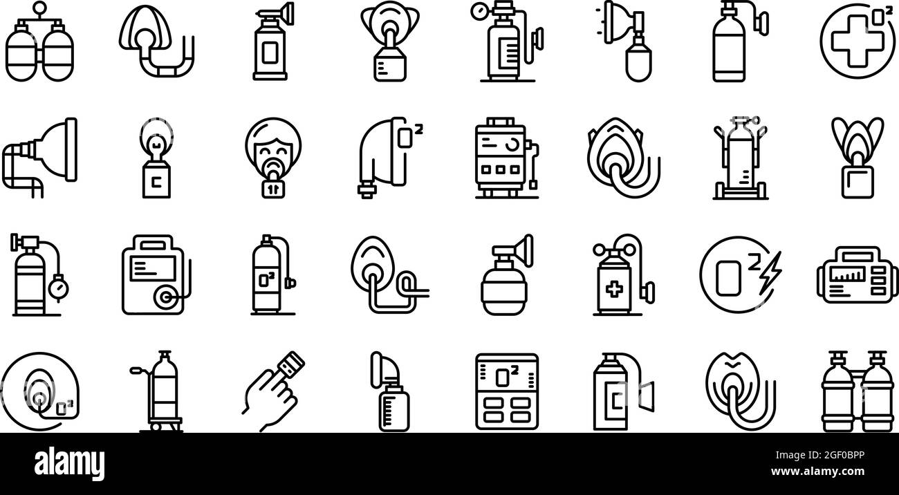 Medical oxygen concentrator icons set outline vector. Aid doctor. Air ...