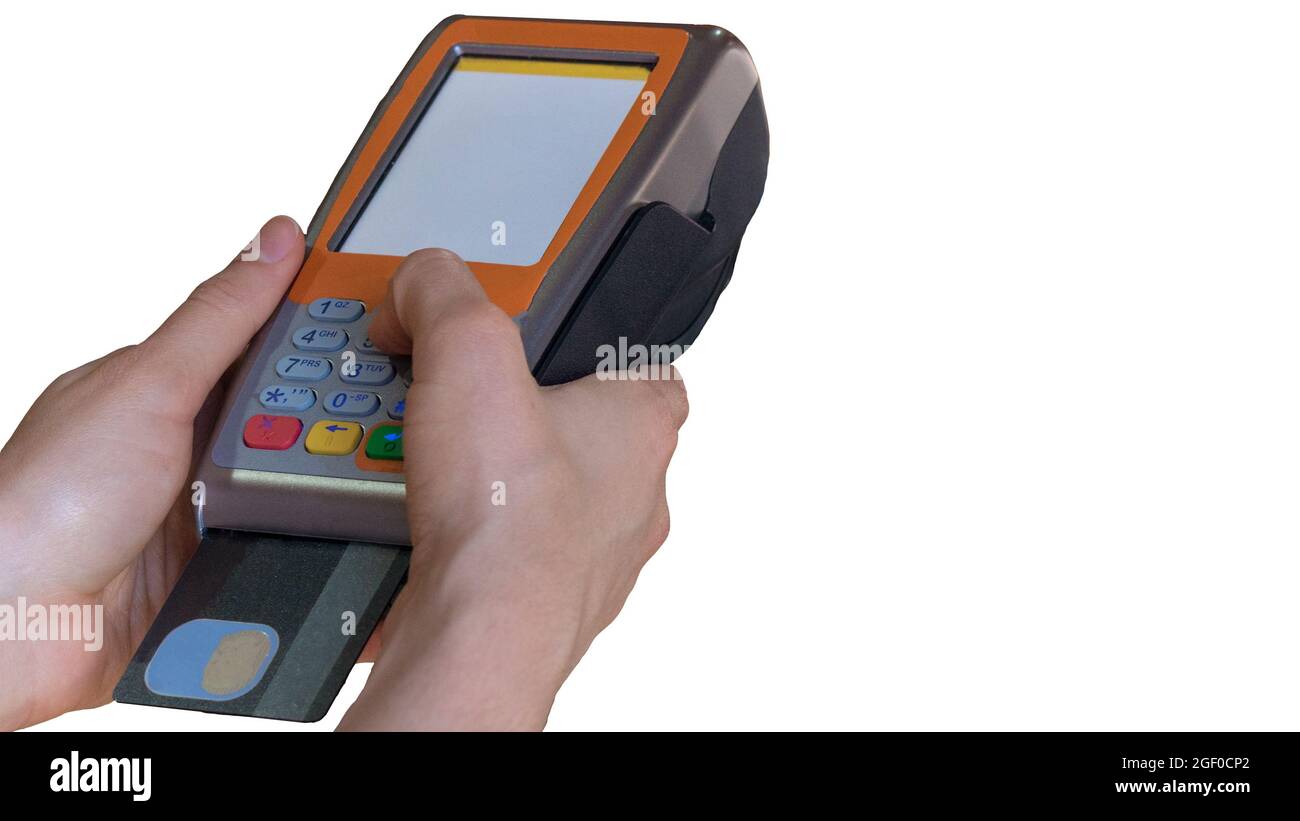 Holding credit card financial machine isolated on white background ...