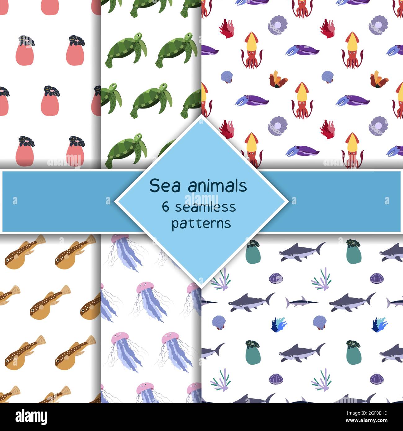Set with six sea animal seamless pattern with jellyfish, squid and ...