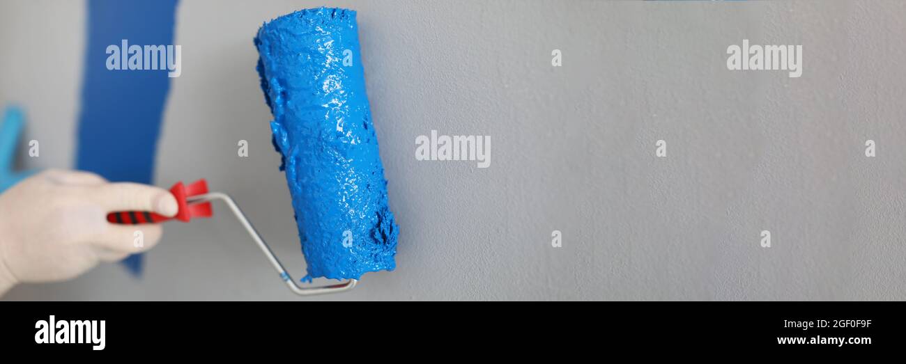 Master paints wall blue with paint roller Stock Photo - Alamy