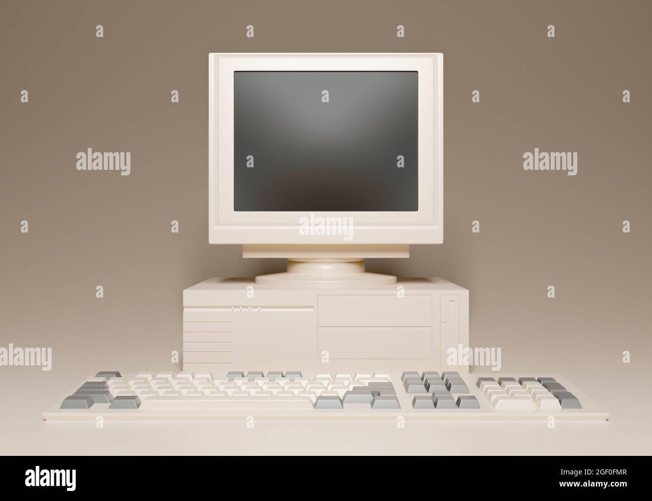 Vintage computer mock-up with keyboard. Front view. 3d rendering Stock ...