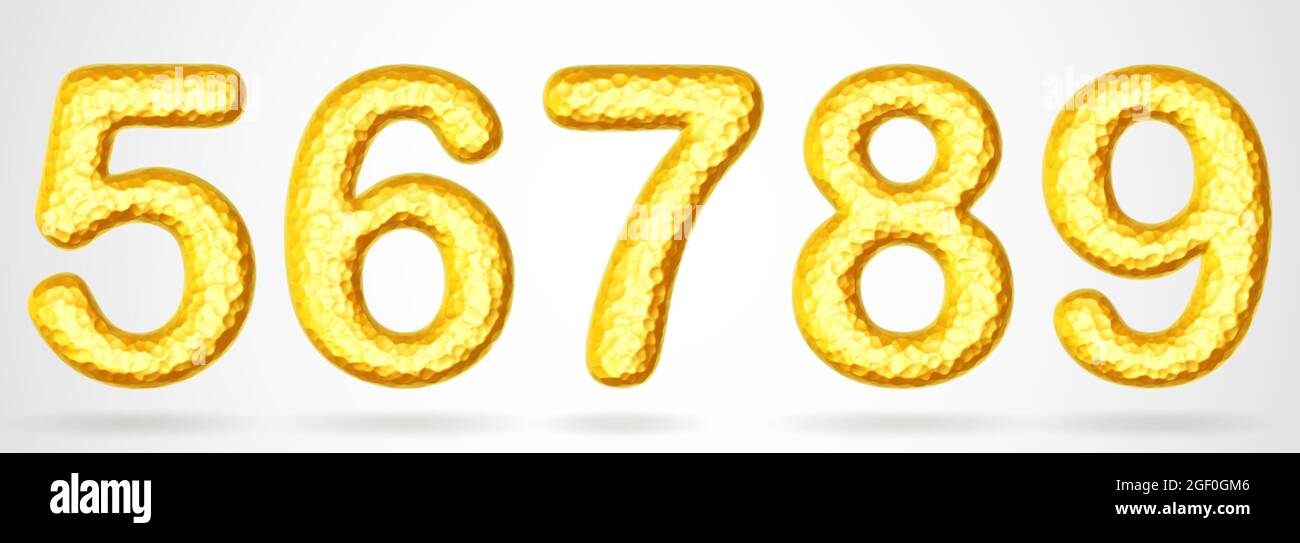 Set of golden 3D digits five, six, seven, eight, nine with shadows ...