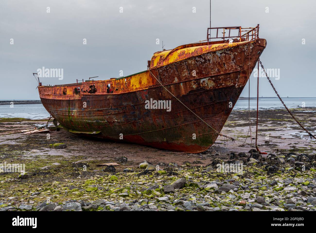 A rusty shipwreck in the mud of the Walney Channel, seen from the road ...
