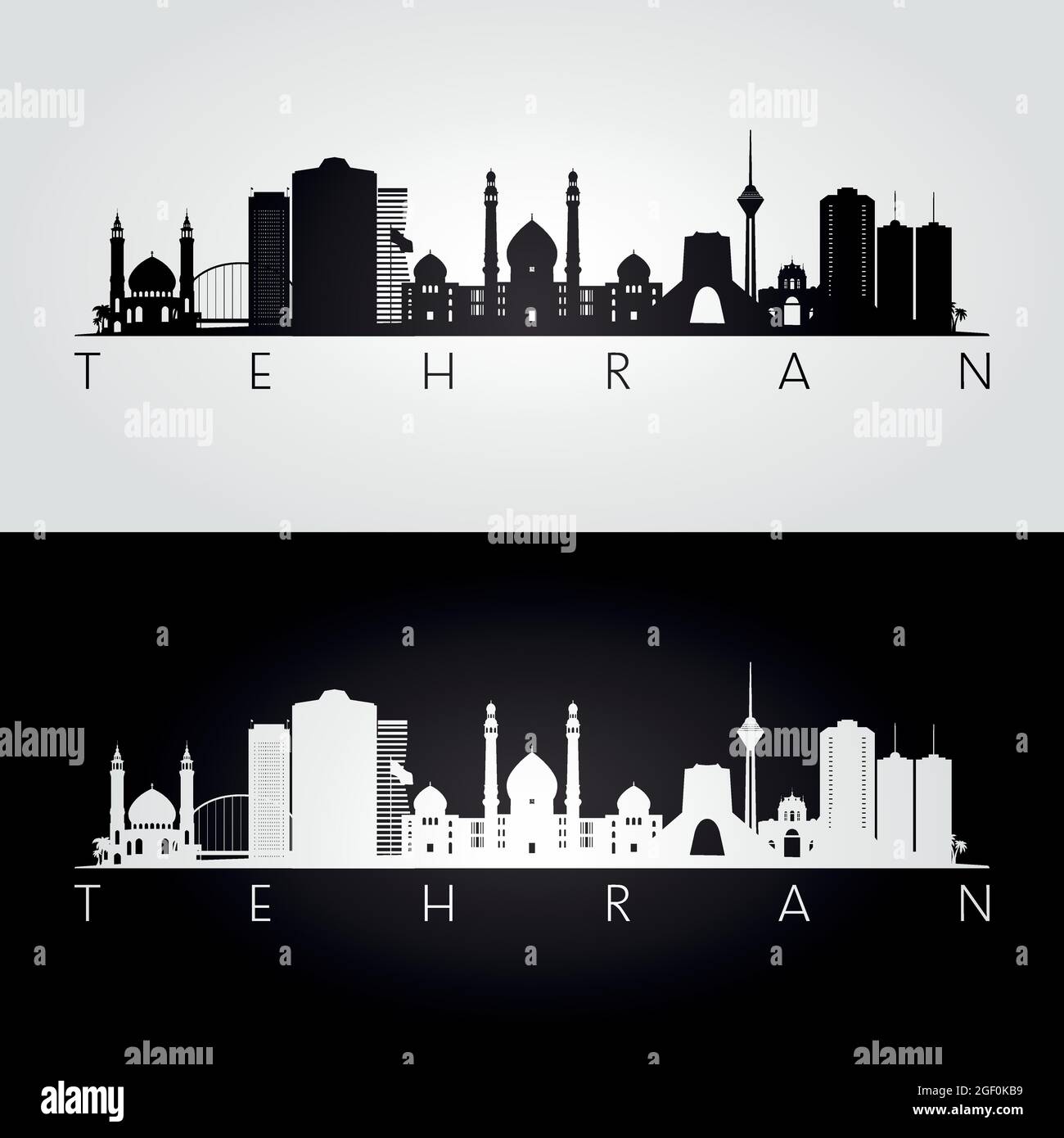 Tehran skyline and landmarks silhouette, black and white design, vector ...