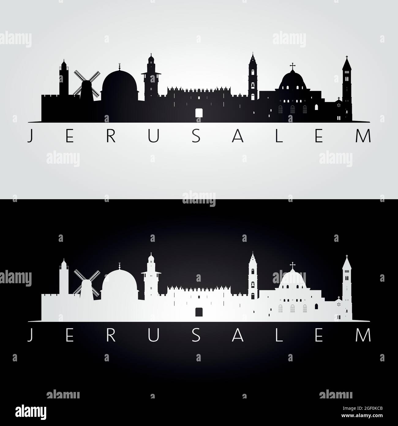 Jerusalem skyline and landmarks silhouette, black and white design ...