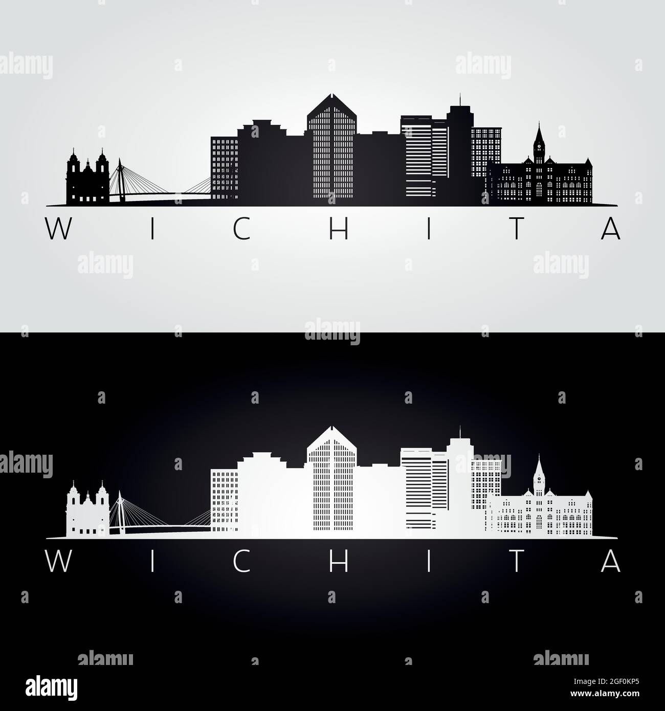 Wichita USA skyline and landmarks silhouette, black and white design ...