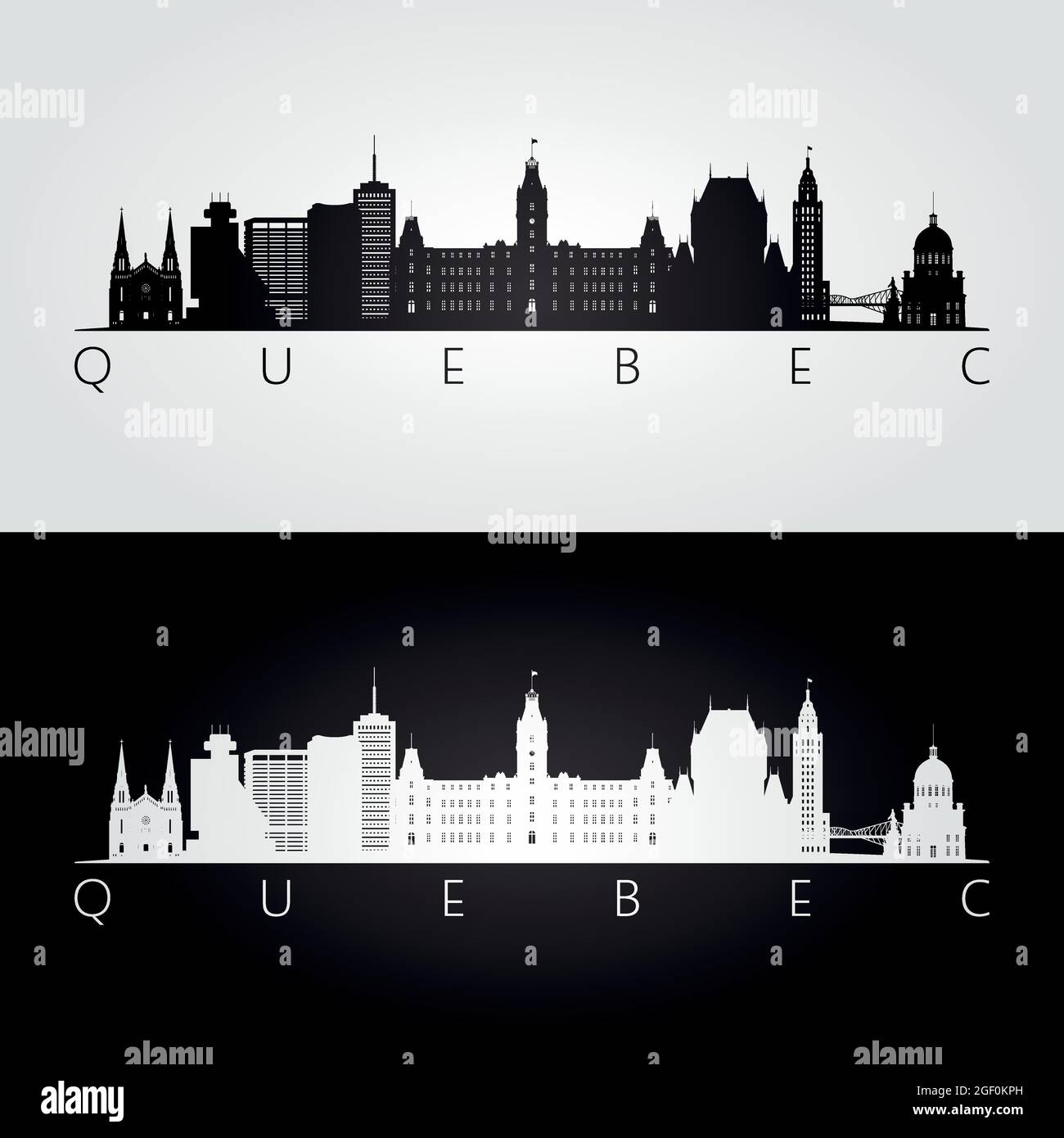 Quebec skyline and landmarks silhouette, black and white design, vector ...