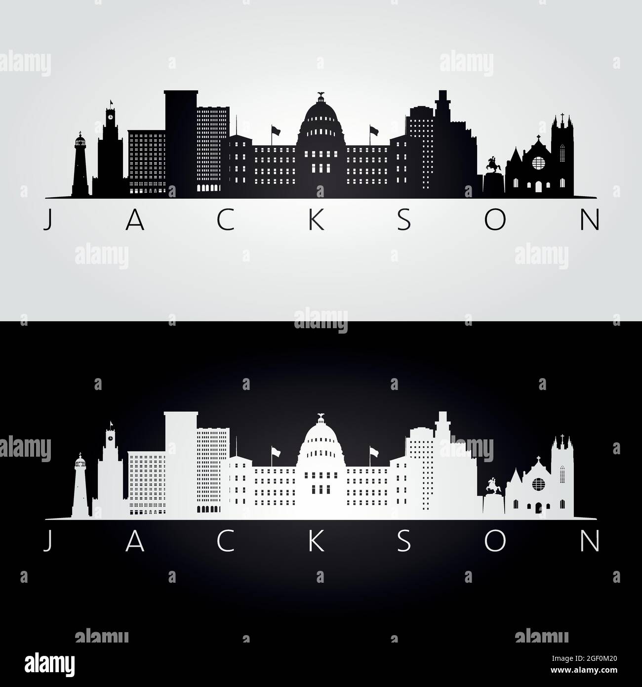 Jackson USA skyline and landmarks silhouette, black and white design ...