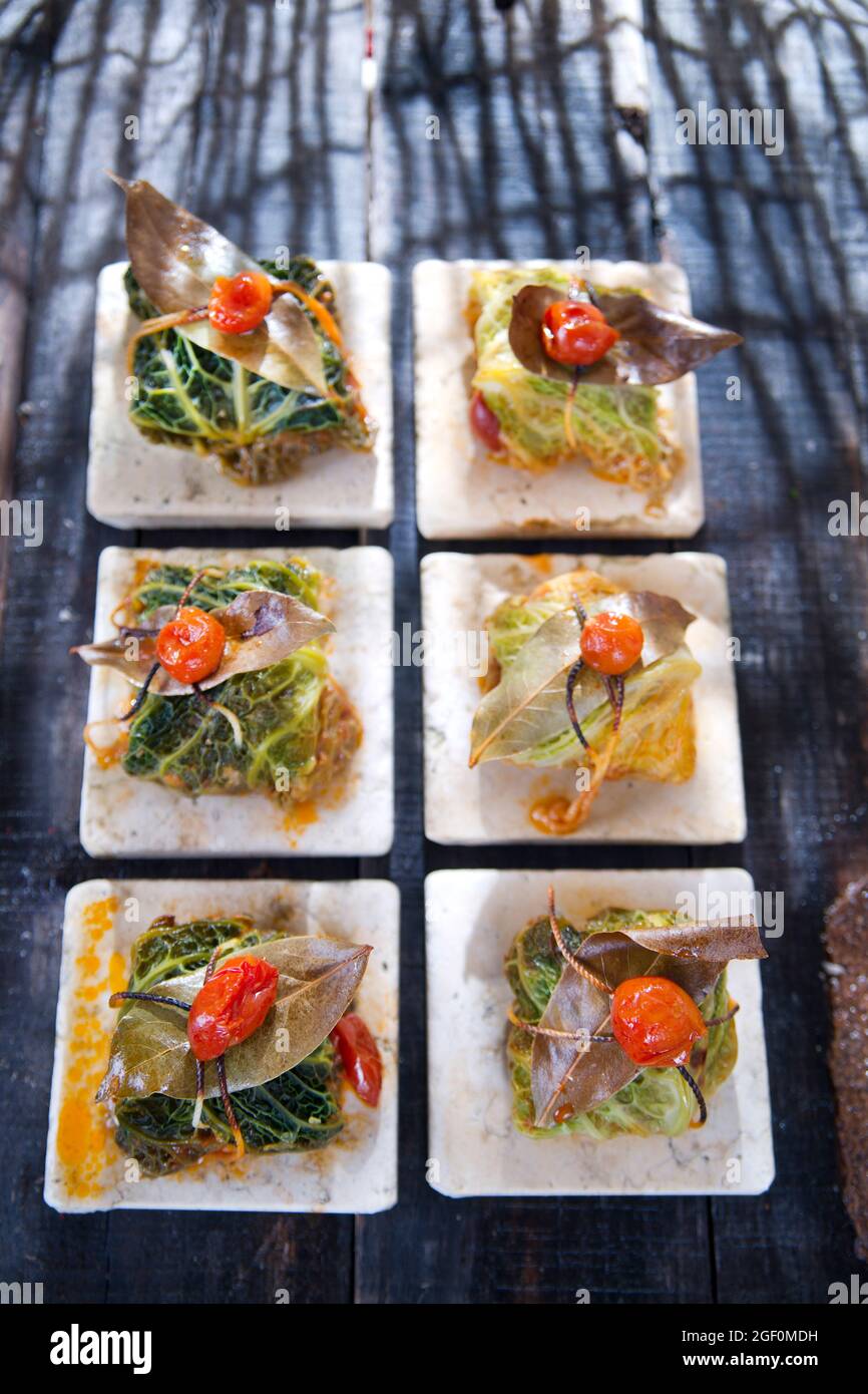 Presentation Of Tile Marl, Bundle Of Meat in Cabbage Leaves Stock Photo ...