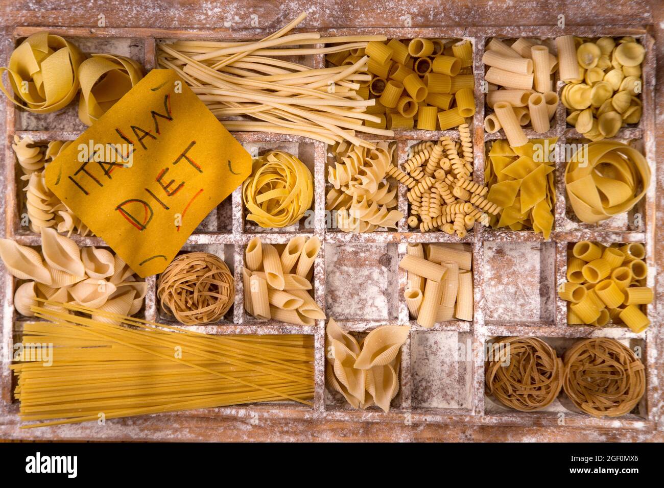 Presentation of varieties of Italian pasta made with white flour Stock ...