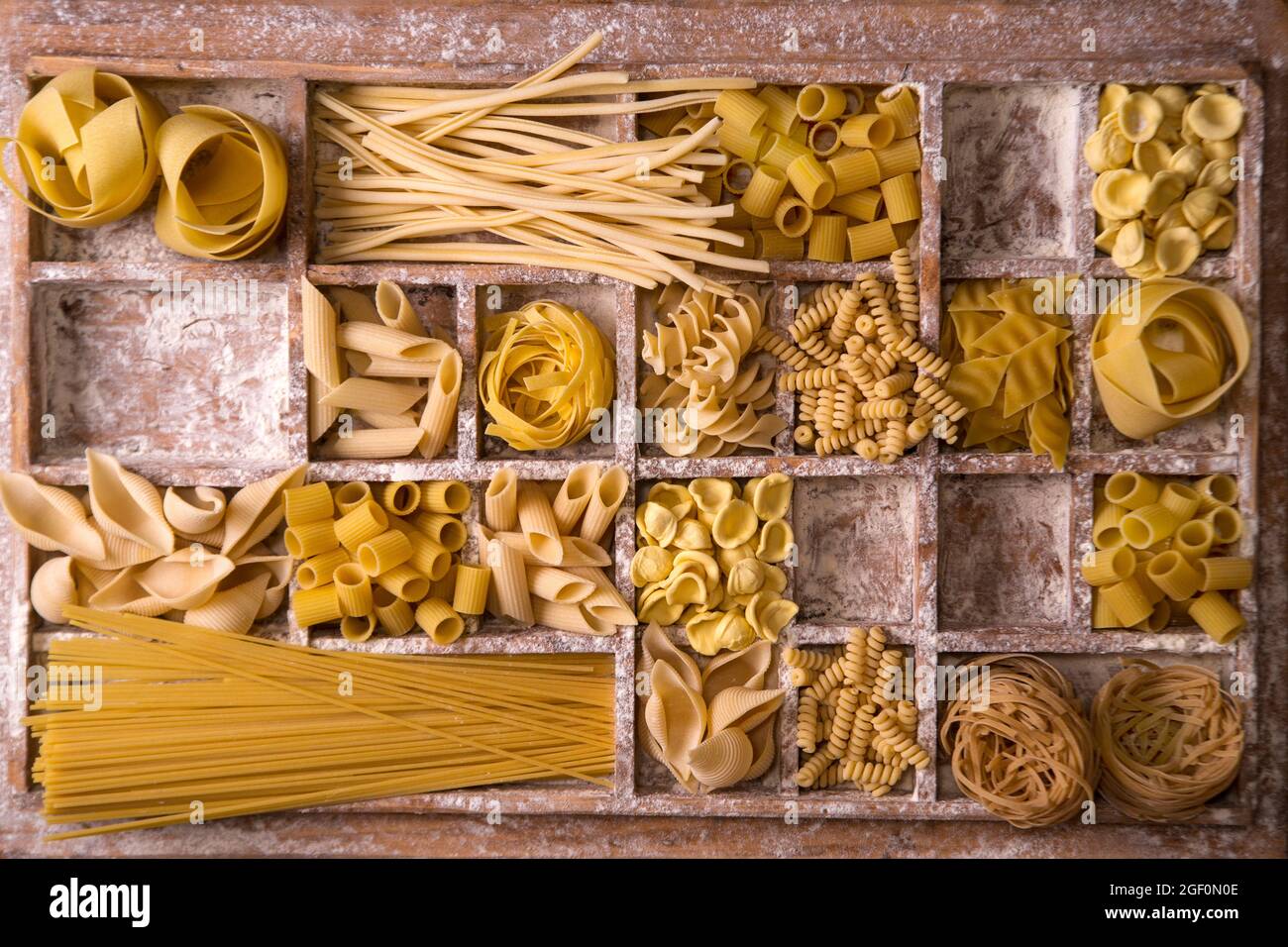Presentation of varieties of Italian pasta made with white flour Stock ...