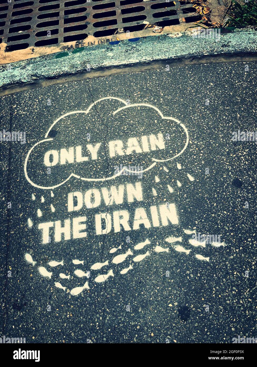 Only Rain Down the Drain Stencil on a New York City Street, USA Stock ...