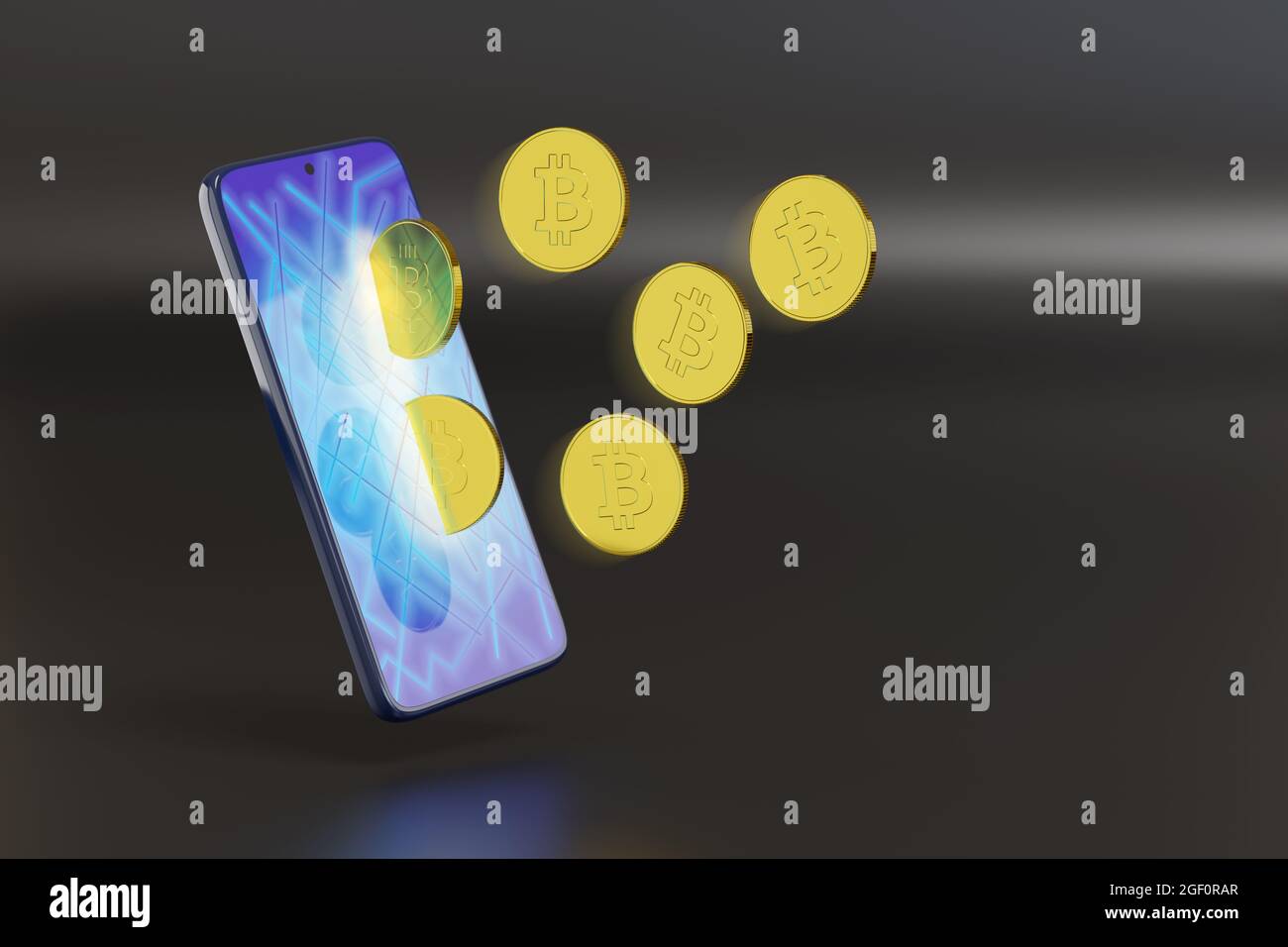Bitcoin getting out of a mobile phone. 3d illustration Stock Photo - Alamy