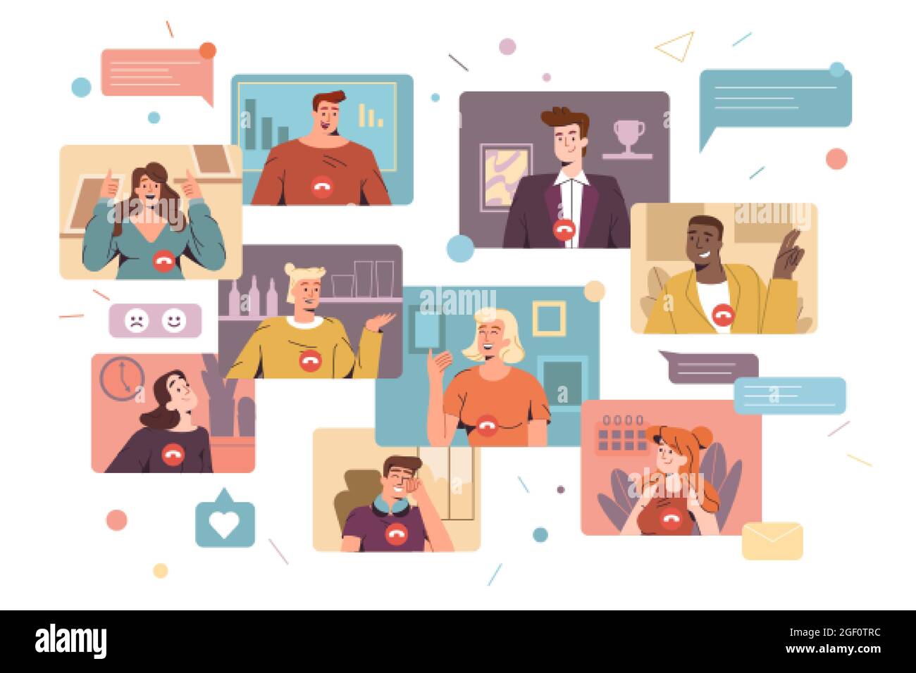 Flat smiling men and women work remotely and have corporate virtual ...