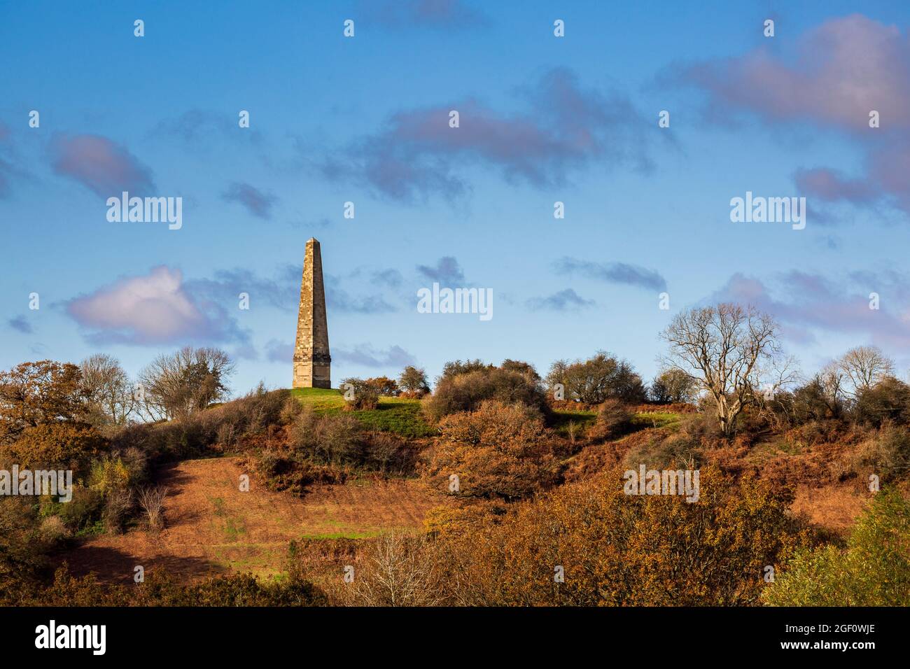 An autumn view of Eastnor Castle Obelisk in the Malvern Hills, England ...