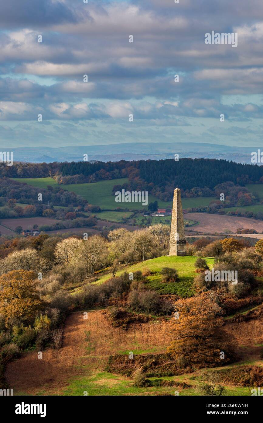 An autumn view of Eastnor Castle Obelisk in the Malvern Hills, England ...