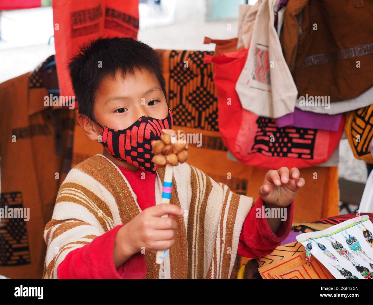 An indigenous boy offering his products at the fair of protected ...