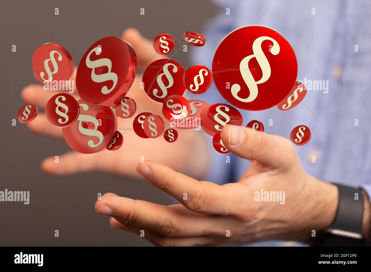 A 3D rendering of red section signs over a real person's hand - law and ...