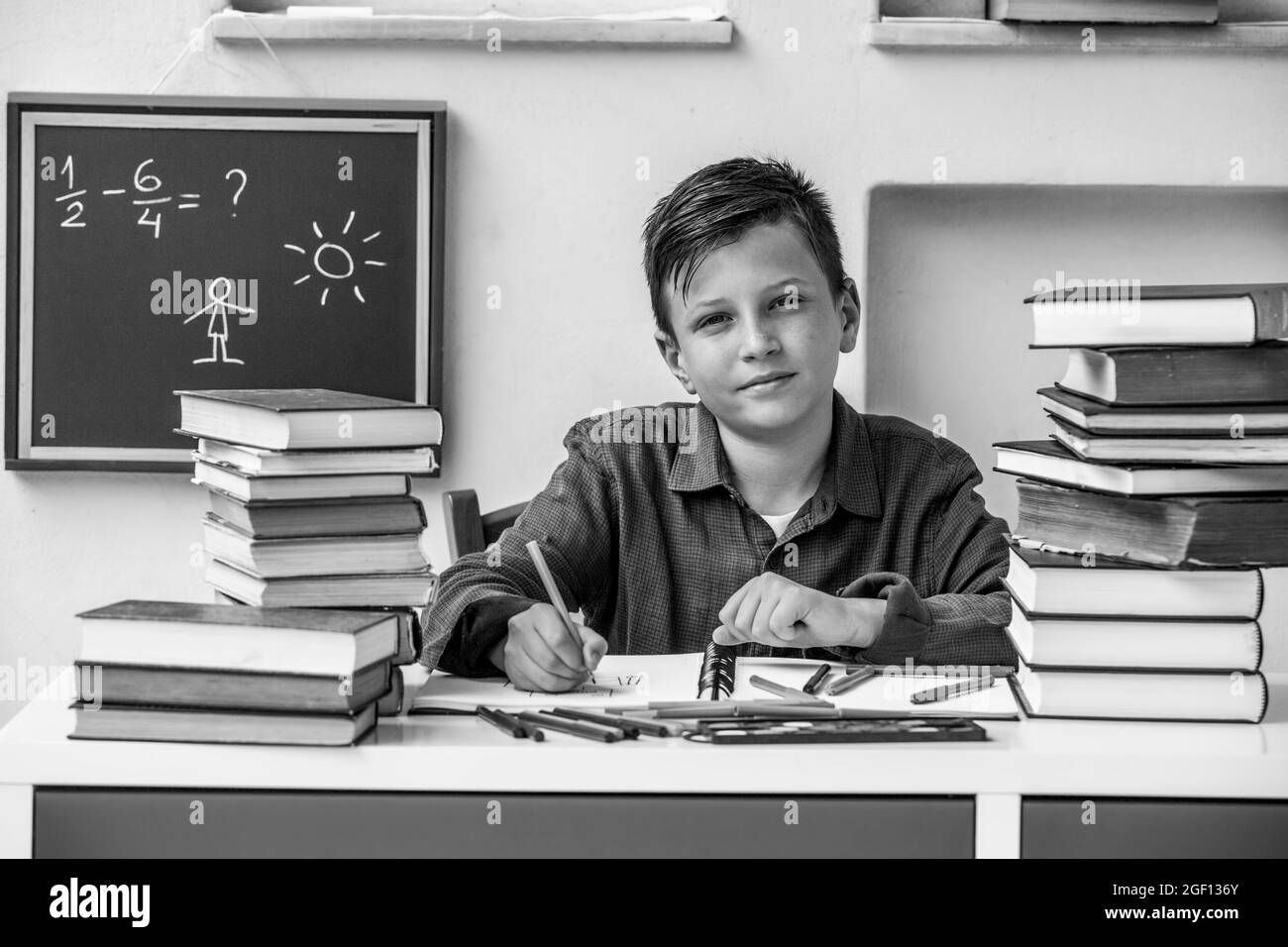 Female school teacher and students Black and White Stock Photos ...
