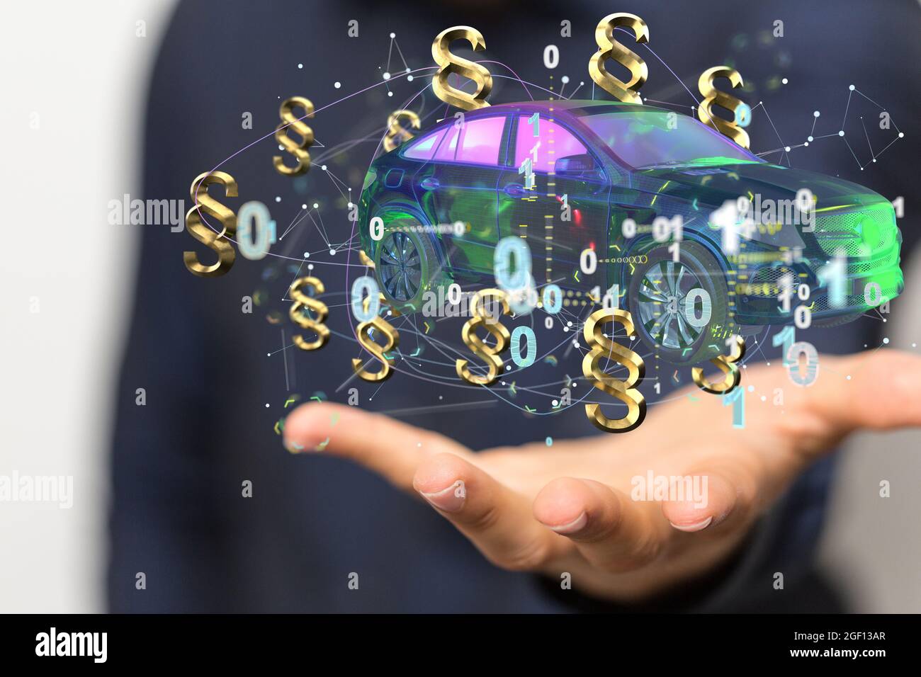 A 3D rendering of section signs and a car over a real person's hand ...
