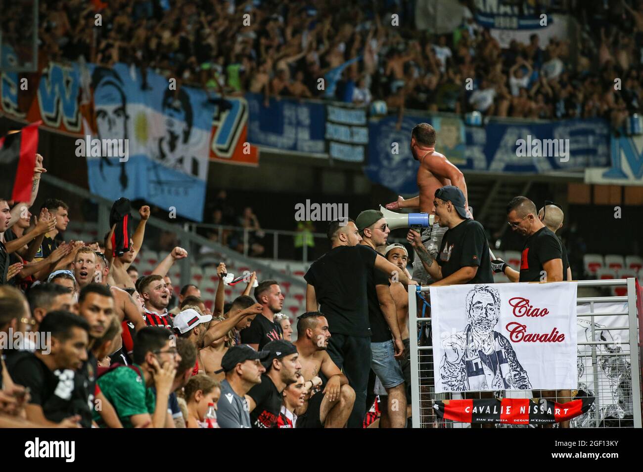 Nice, France, 22nd August 2021. OGC Nice fans cheer on their side as ...