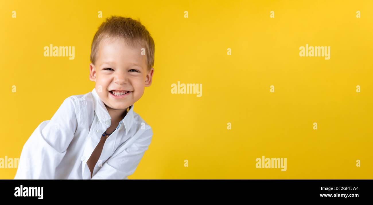 Banner Funny Preschool Child Boy in unbuttoned shirt smile narrow eye ...