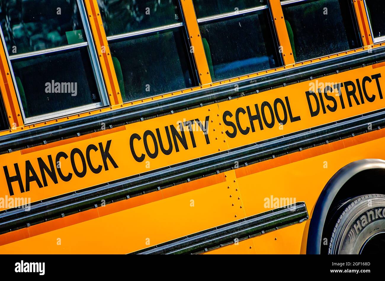 A school bus is parked outside South Hancock Elementary School, Aug. 22 ...