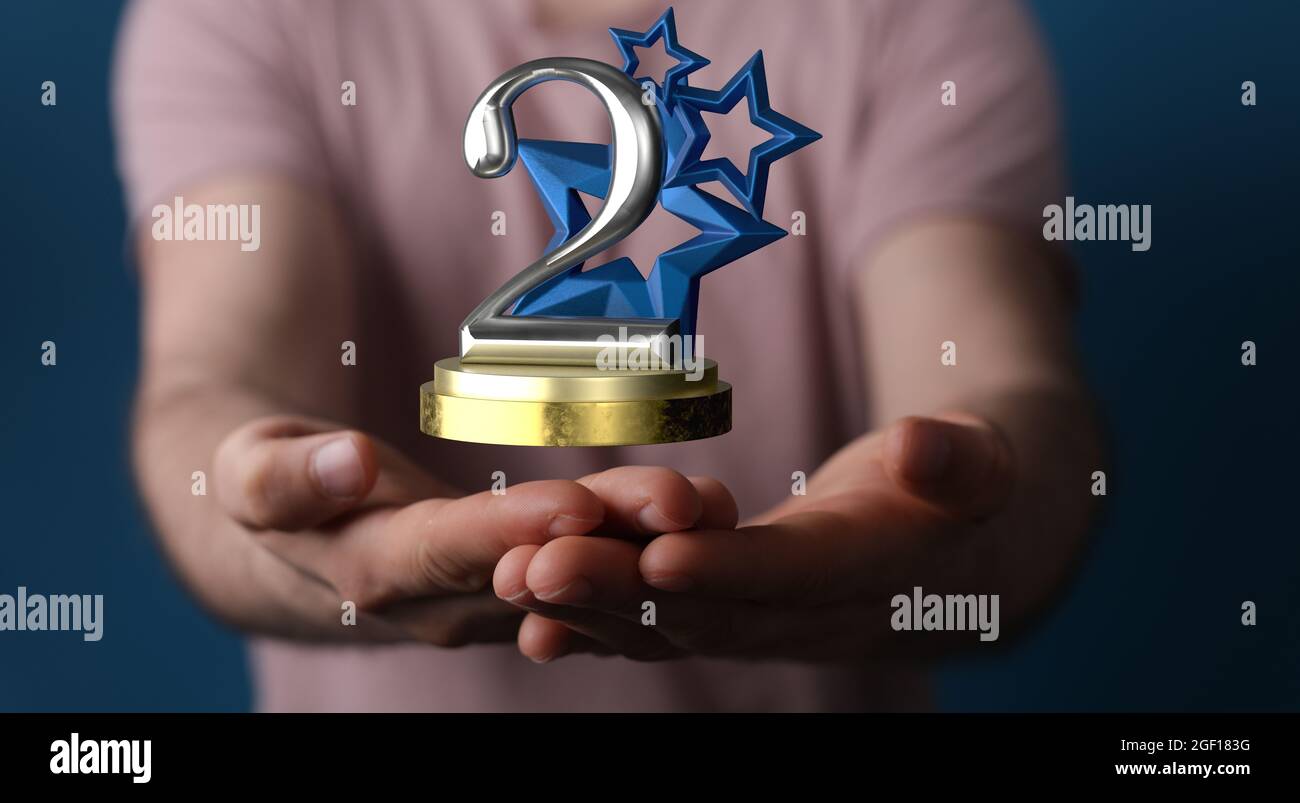 A 3D rendering of a 2nd place trophy with a real person in the ...