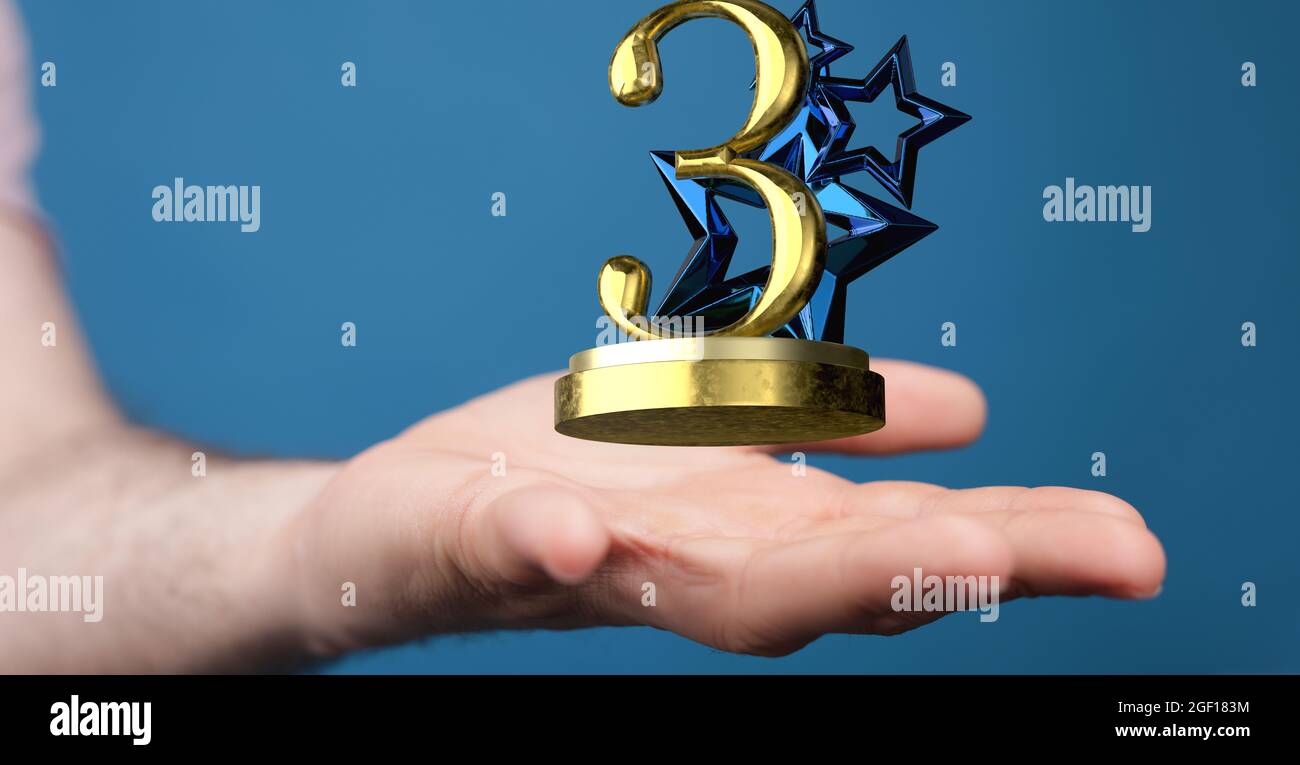 A 3D rendering of a 3rd place trophy with a real person in the ...
