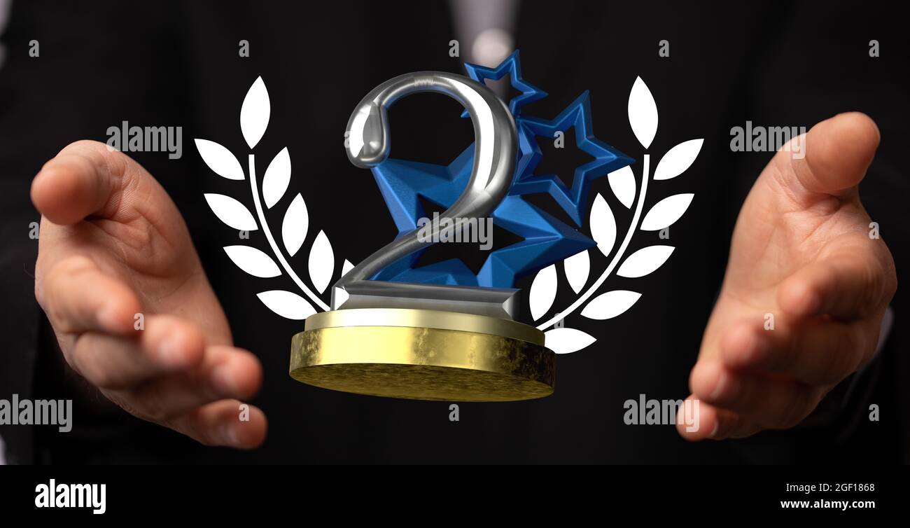 A 3D rendering of a 2nd place trophy in a real person's hands Stock ...