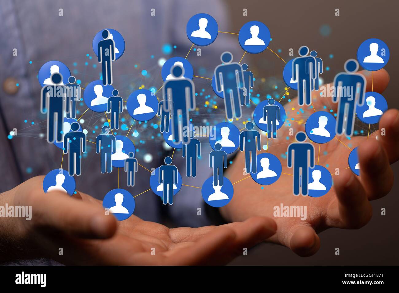A 3D rendering of people silhouettes in the network team with a real ...