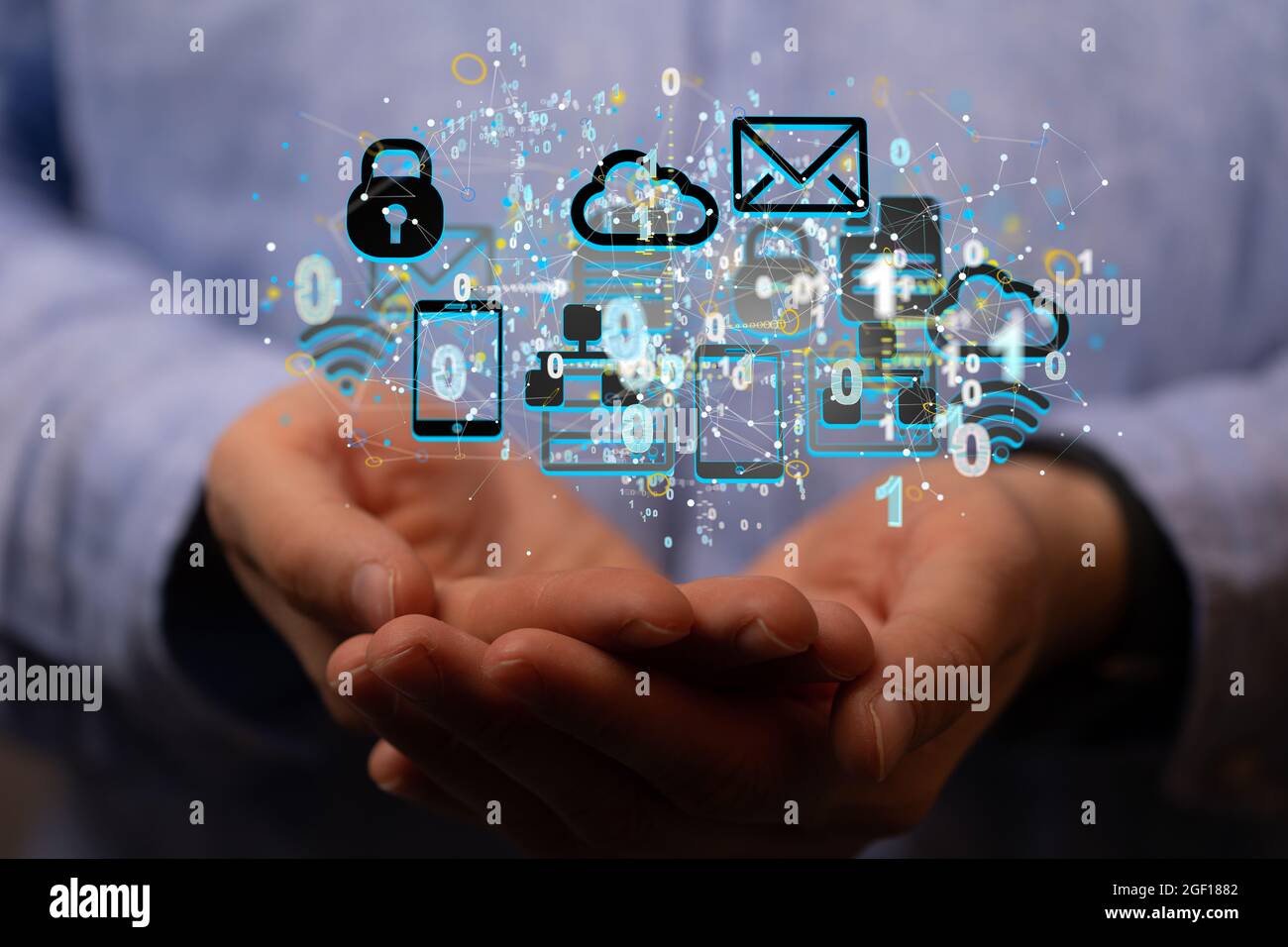 A 3D rendering of a futuristic virtual diagram with a real person in ...