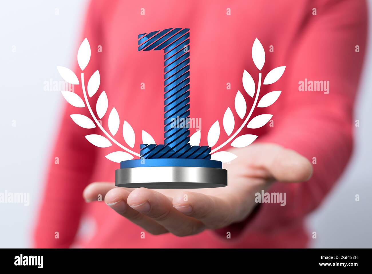 A 3D rendering of a 1st place trophy in a real person's hand Stock ...