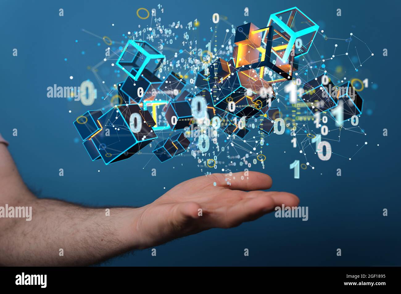 A 3D rendering of a futuristic virtual diagram with a real person in ...