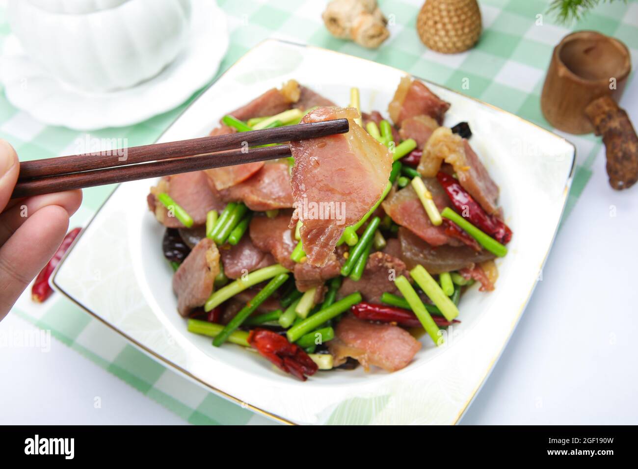 Ham Fried garlic moss Stock Photo - Alamy