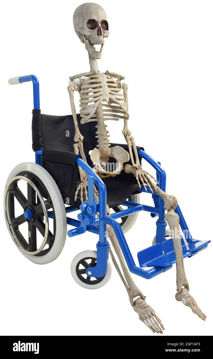Skeleton in Blue Wheelchair three quarter view Stock Photo - Alamy