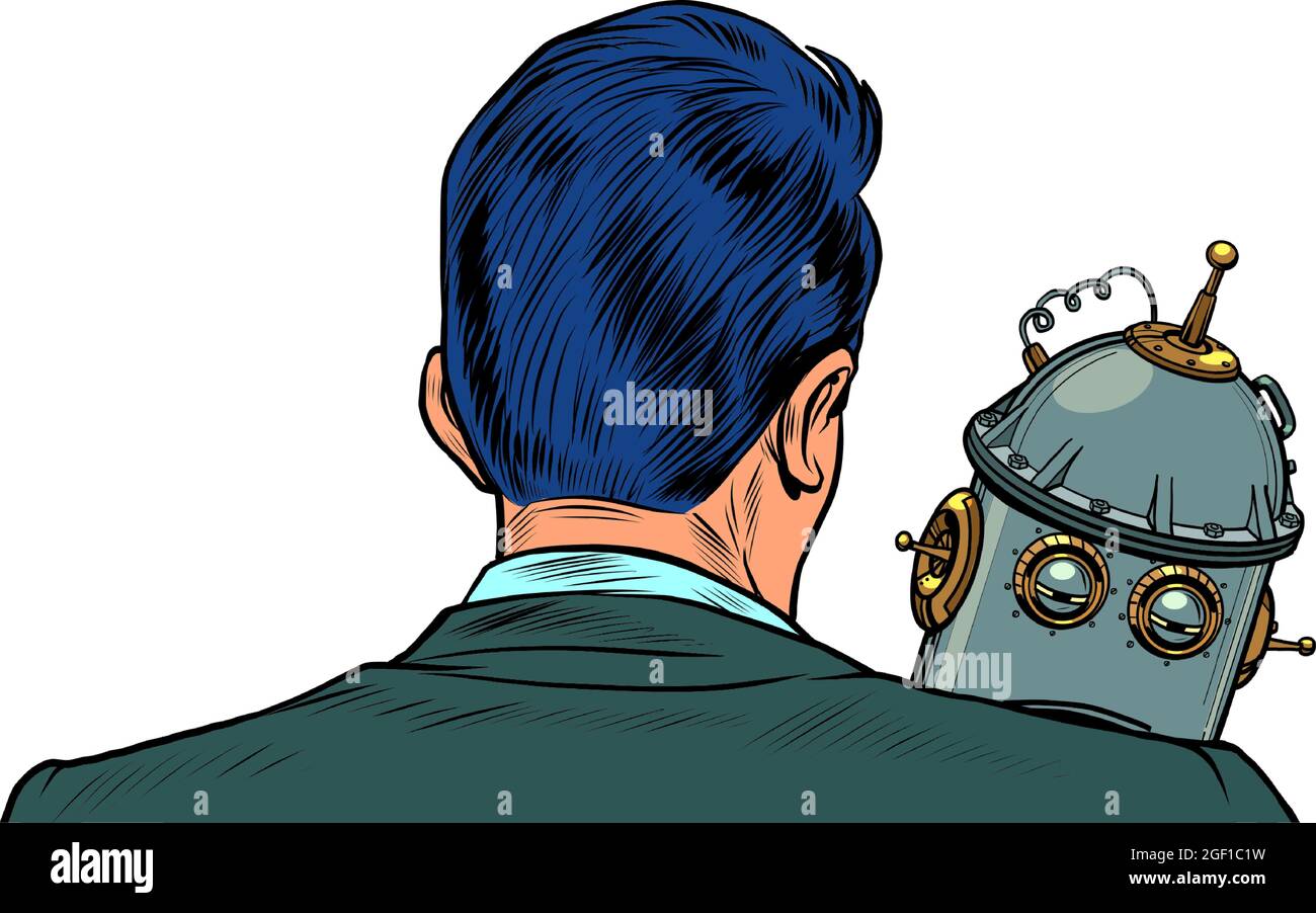An emotional robot is sad on the shoulder of its creator. Engineer and ...