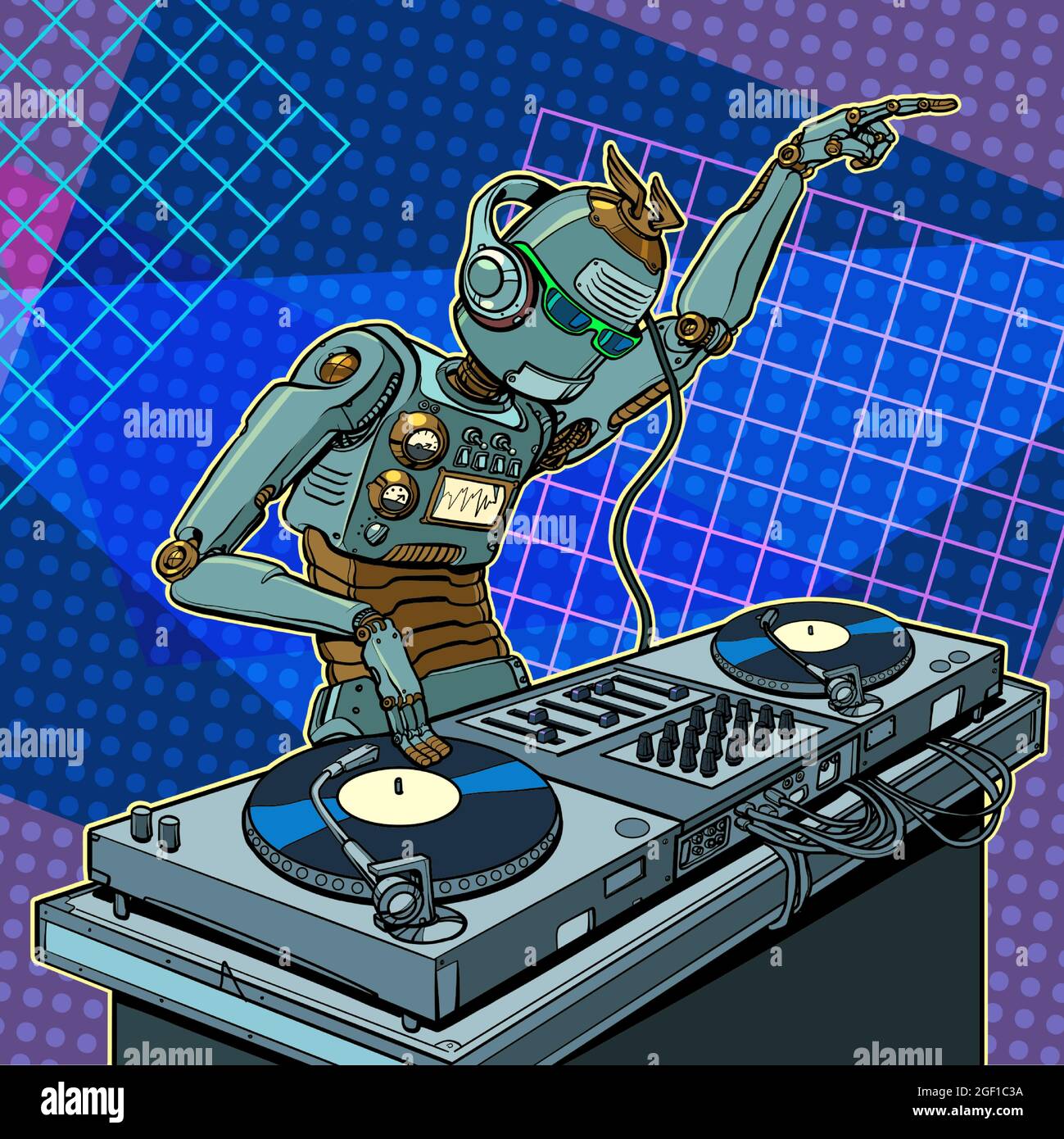 robot dj on vinyl turntables. concert music performance Stock Vector ...