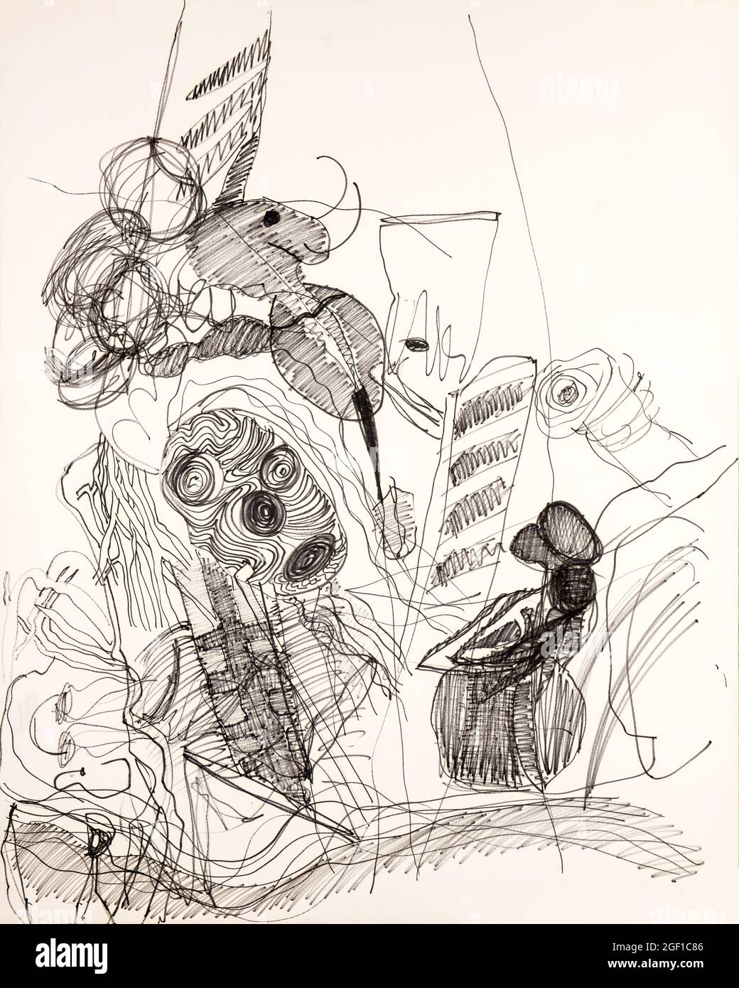 Abstract figurative drawing with strong lines and curves on a white ...