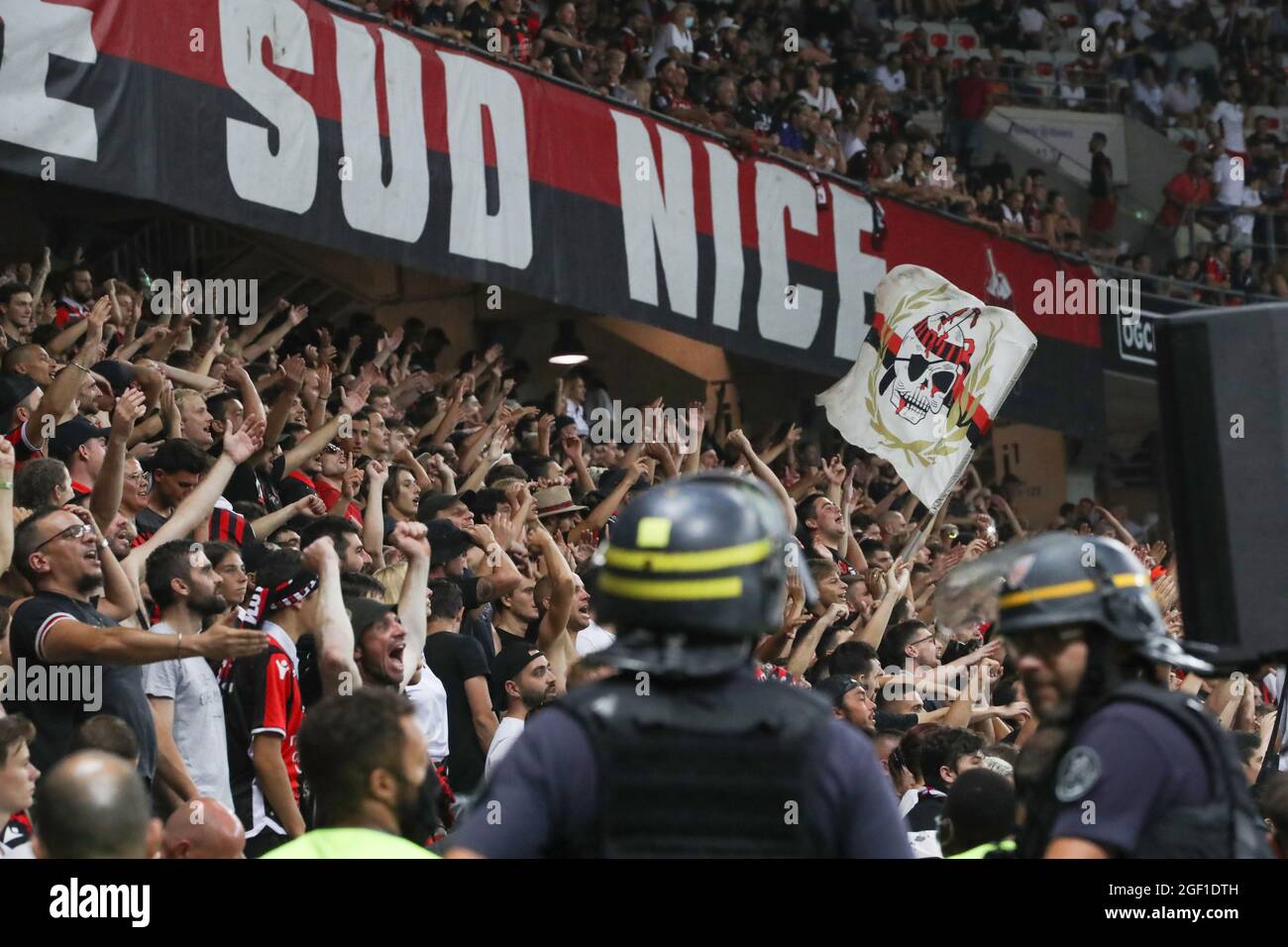 Nice, France, 22nd August 2021. A heavy police presence keeps watch on ...