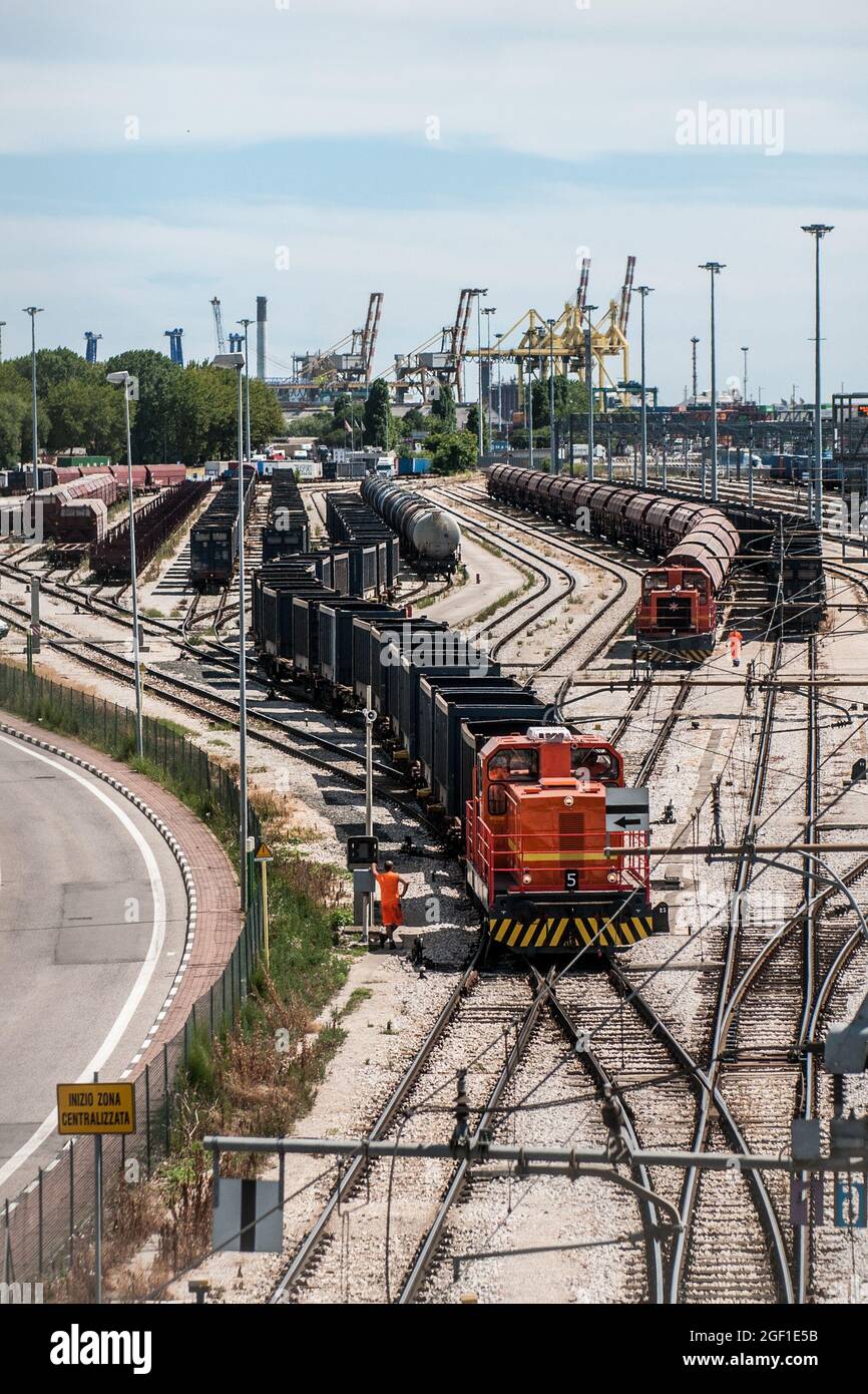 A vertical shot of a marshalling yard under a blue clear sky Stock ...