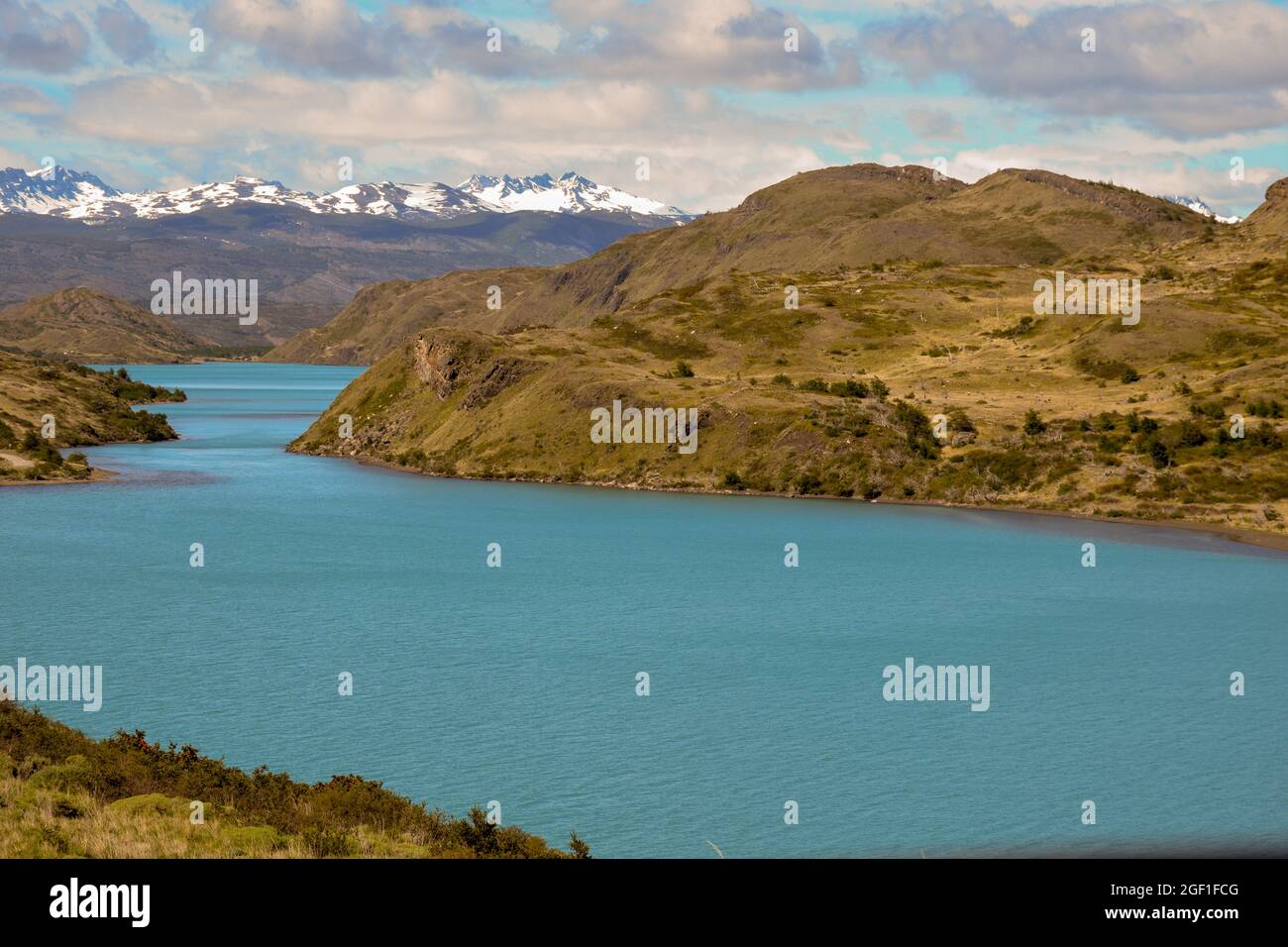 beautiful view of Rio Paine river below Pehoe lake at Torres del Paine ...