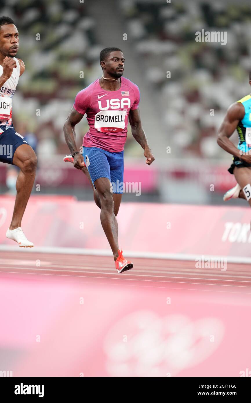 Trayvon Bromell running the 100 meters at the 2020 Tokyo Olympics Stock ...