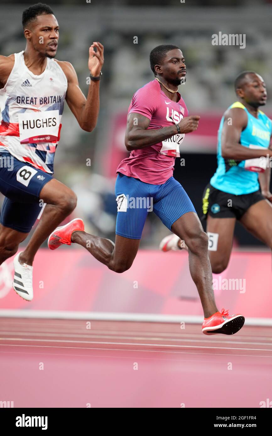 Trayvon Bromell running the 100 meters at the 2020 Tokyo Olympics Stock ...